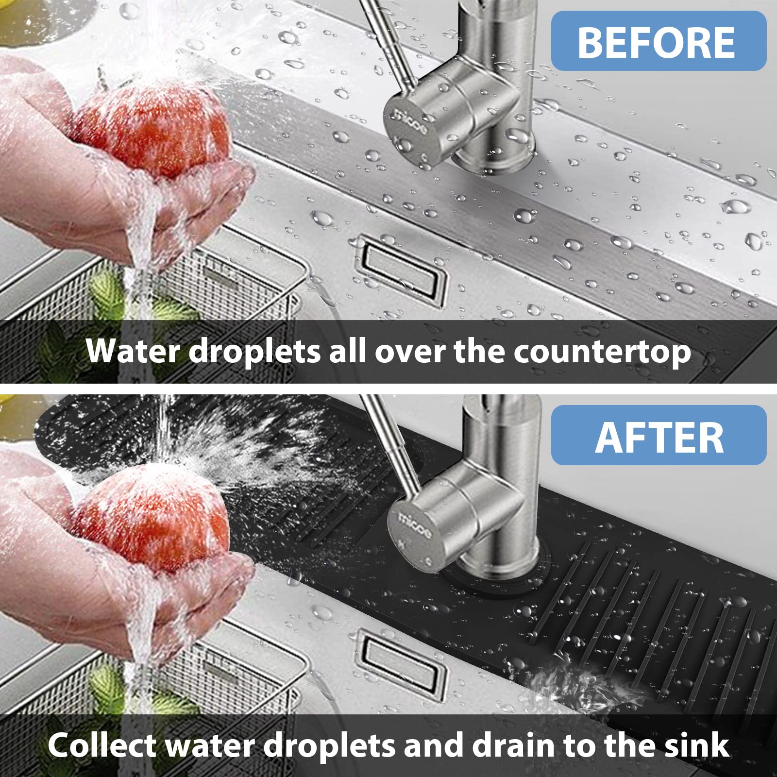 Burfocus Kitchen Sink Splash Guard, Silicone Faucet Handle Drip Catcher Tray Silicone Faucet Mat Kitchen Sponge Holder for Kitchen Sink Accessories Sink Protectors for Kitchen Sink (Black24" x 5.5")