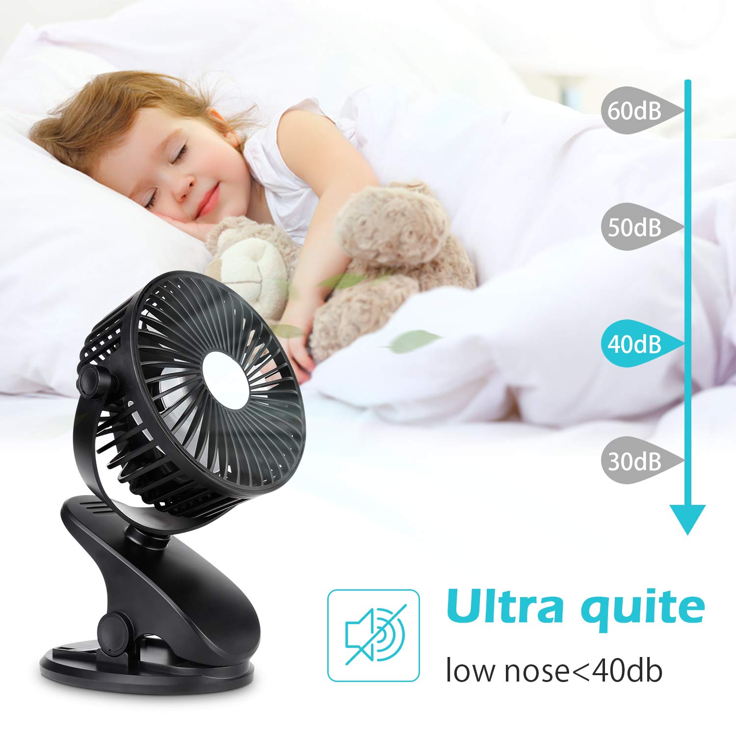 BRIGENIUS Battery Operated Clip on Stroller Fan, Portable Mini Desk Fan Rechargeable, USB Powered Clip Fan for Baby Stroller Office Outdoor Travel, Black