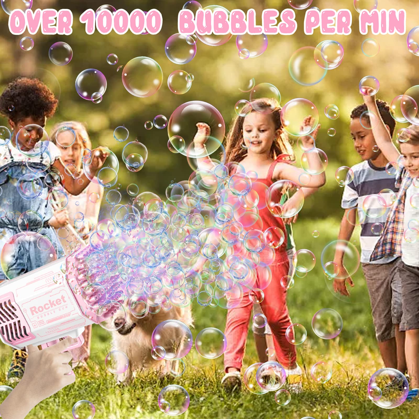 Bubble Gun with Light/2 Bottles Bubble Solution (30 Packs Extra Bubble Solution), 69 Holes Bubble Machine Gun for Kids Adults, Bubble Maker, Summer Toy Gift for Outdoor Indoor Birthday Wedding Party