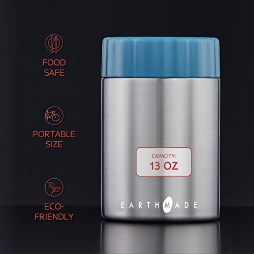 Earthmade Stainless Steel Insulated Food Jar,13 oz Food Thermos for Hot Soup & Cold Fruit, Ceramic Interior Food Container, Silicone spoon Eco-Friendly