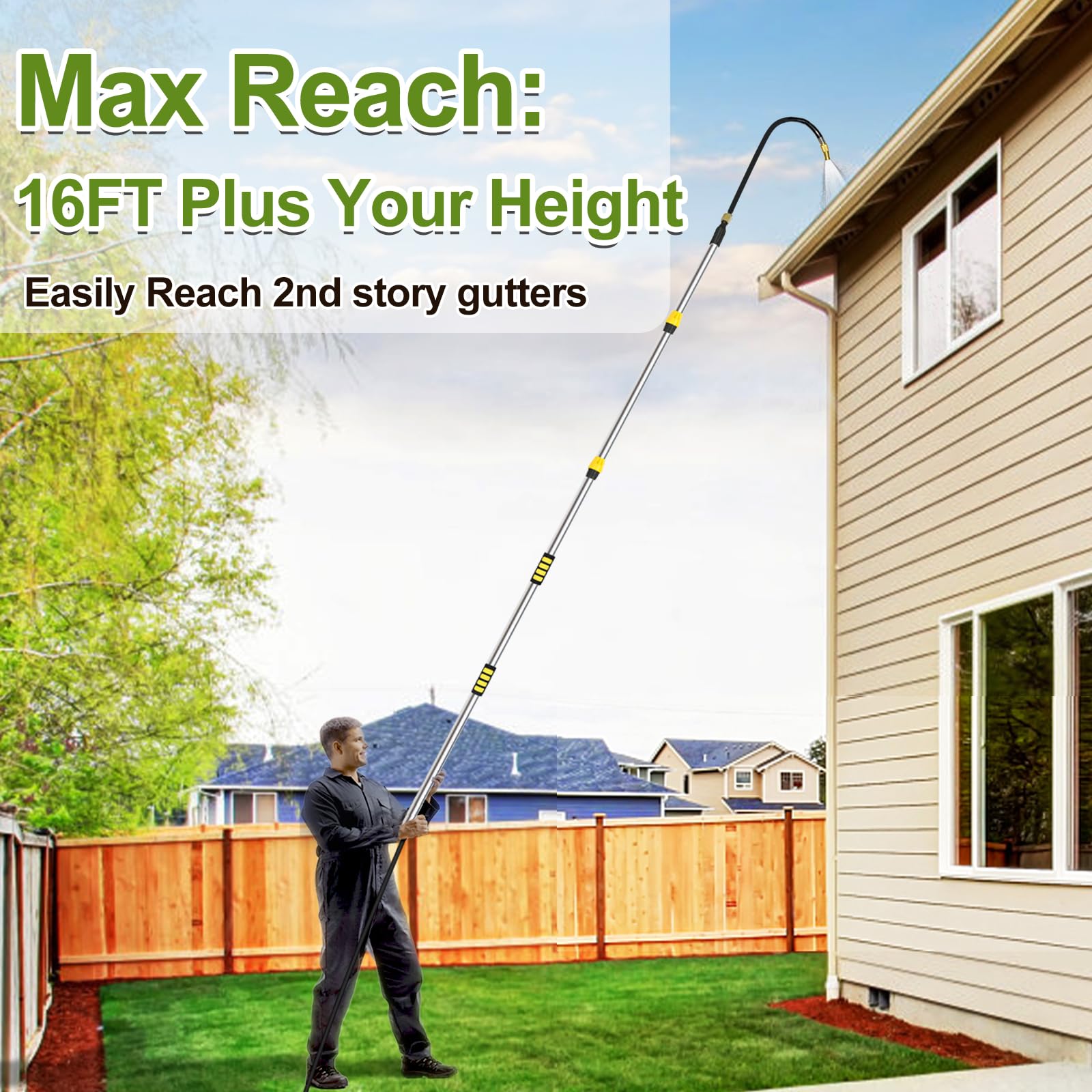 Buyplus 16FT Telescopic Gutter Cleaning Tools from the Ground, Long Reach Gutter Cleaner Wand with Hose Attachment, Rain Gutter Cleaner Tool with Extension Pole for 2nd Story House