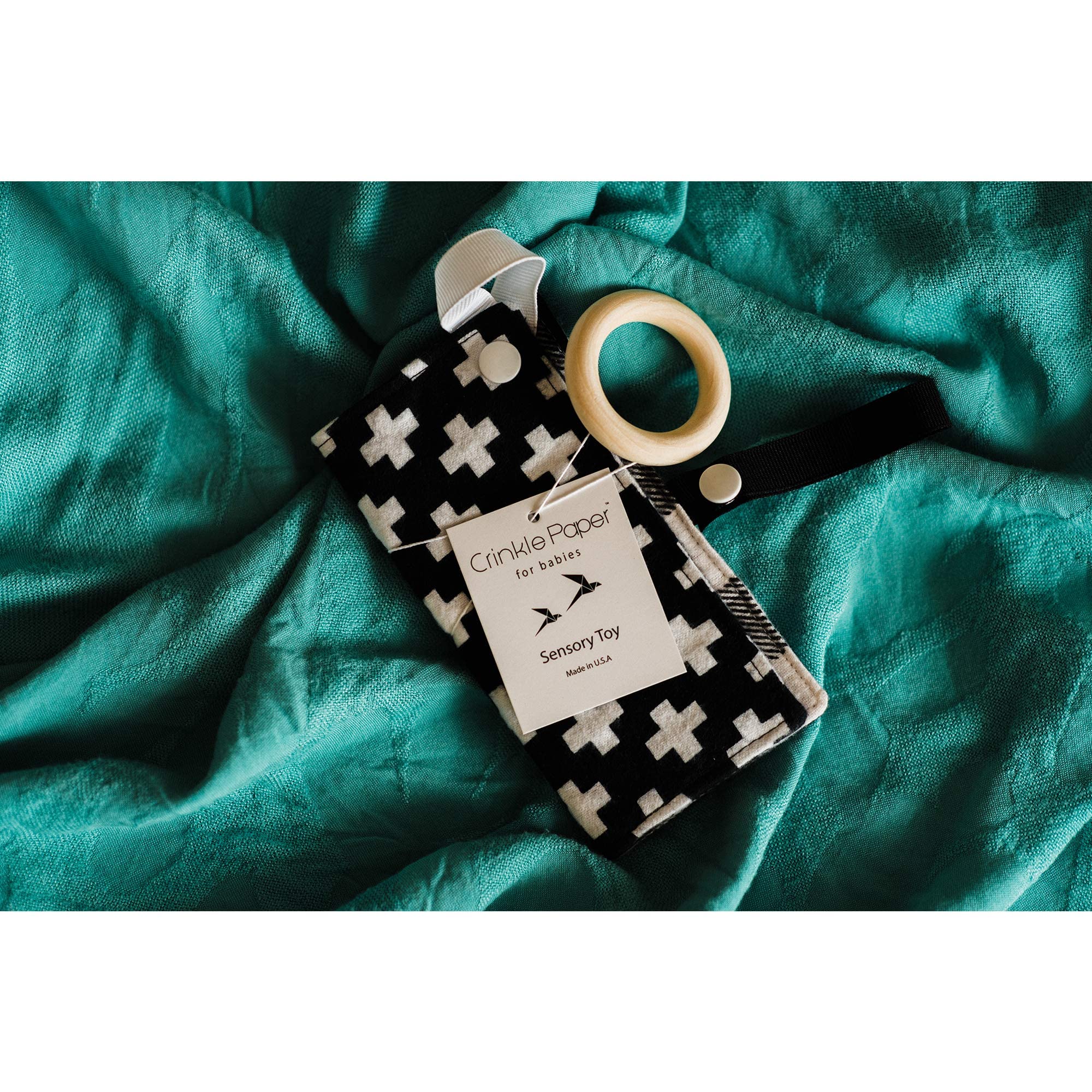 HYAKDesigns Crinkle Paper for Babies | Eco-Friendly Cotton Sensory & Soother Teether Toy | BPA Free, Organic Beeswax Sealed Wood