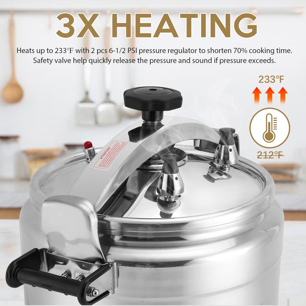 Fulgutonit Clamp On Pressure Cooker, 26 Quart Aluminum Pressure Cooker w/Ultra Safe Clamp Bar Locking System, 2 Valves for Stable High Pressure, for Family or Commercial Use