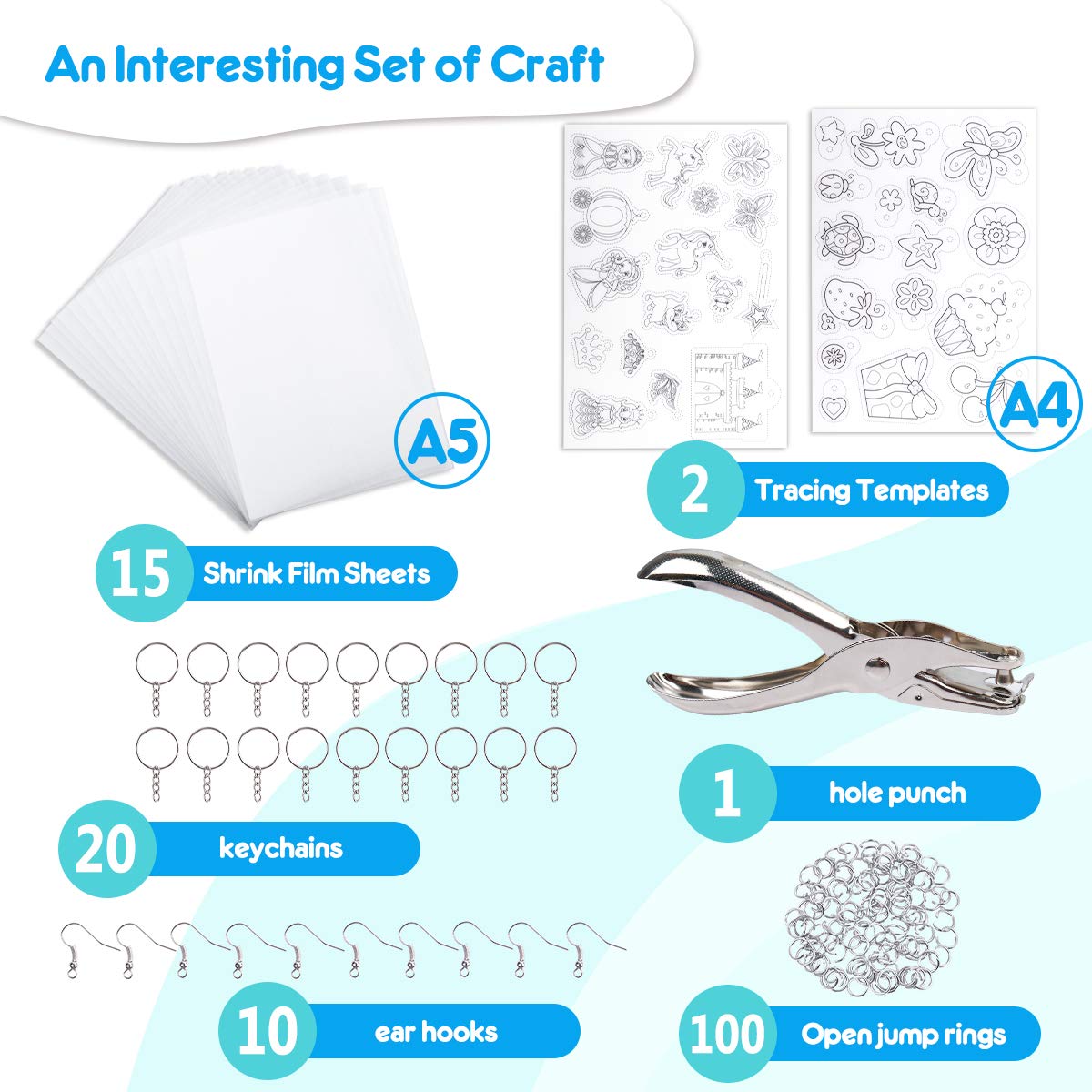 Mocoosy Shrink Plastic Kit for Shrinky Dinks, 148PCS Heat Shrinky Art Sheets for Kids, Clear Frosted Shrink Paper Include Shrinkable Films & DIY Keychain Earring Making Accessories Craft Activity Set