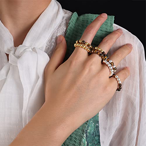 BIVEI 7 Pcs Crystal Knuckle Rings for Women－Girls Stackable Elastic Rope Beads Rings Set－Chakra Healing Nature Gem Stones Joint Finger Jewelry Rings(Yellow Tigerite)