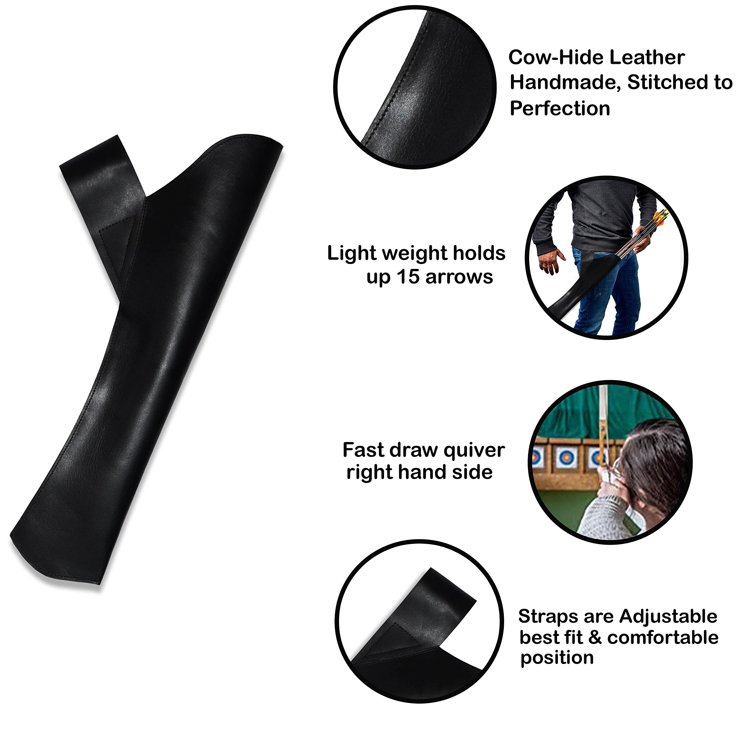 Club Corp Archery Shoulder Back Quiver | Genuine Cow Hide Leather Arrow Holder for Youth | Adjustable Quivers for Bow Hunting & Archery Sports