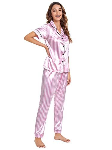 Floerns Women's Printed Two Piece Short Sleeve Sleepwear Long Pants Pajamas Sets Pink White Striped M