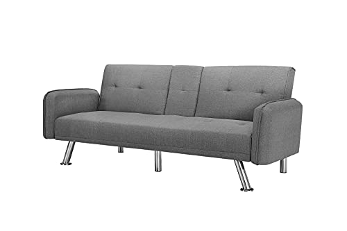 FULife Futon Sofa Convertible Sleeper Couch Bed Daybed Loveseat, Folding Recliner with 2 Cup Holders, Metal Legs, Removable Soft Pillow-Top Armrest for Living Room Small Place, Light Gray 66.1
