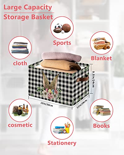 Easter Storage Bins with Handles, Rabbit Ears Eucalyptus Leaves Flower Black Buffalo Plaid Storage Basket for Shelves, Cube Storage Organizer Bins for Toys, Closet (1 Pack, 15" x 11" x 9.5")
