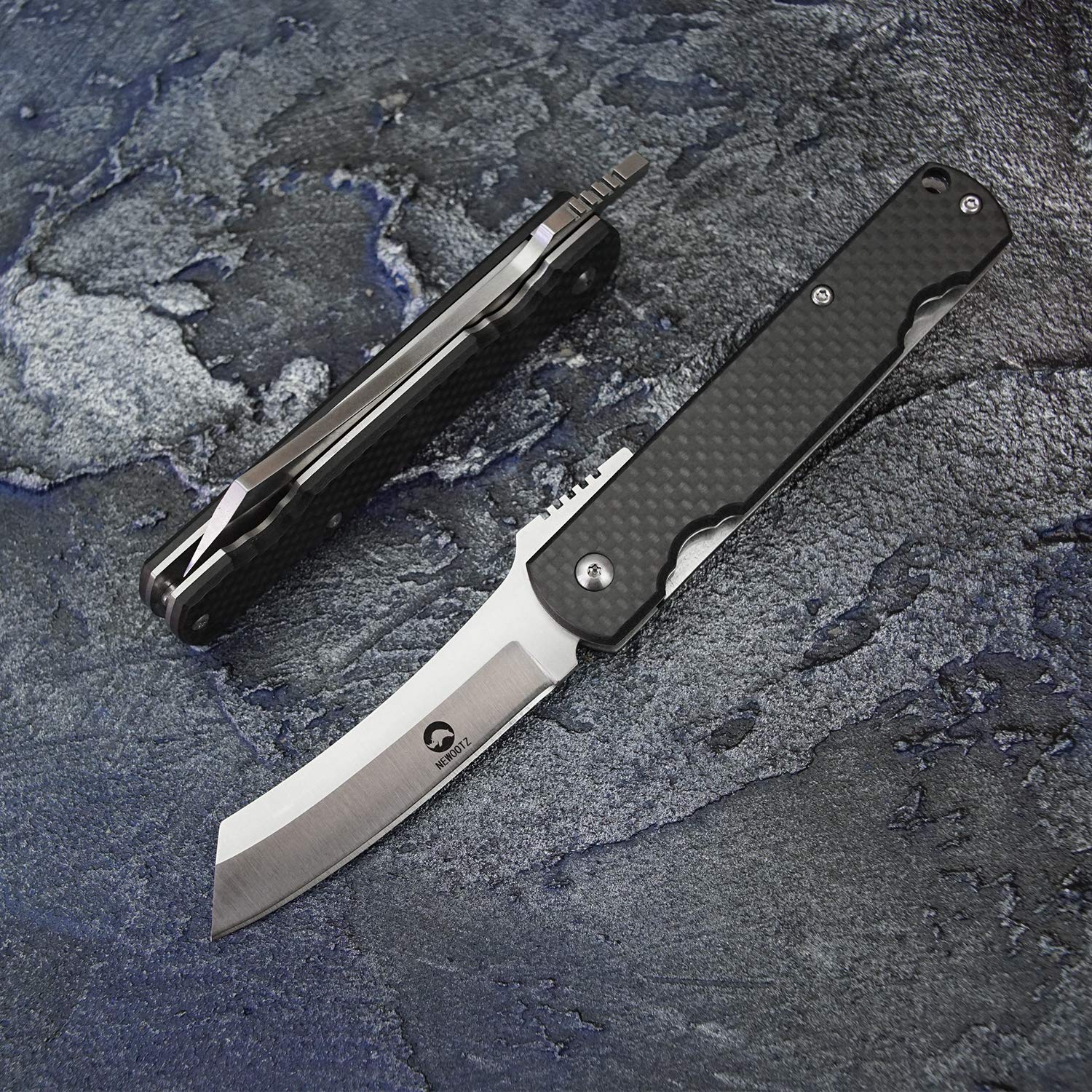 NEWOOTZ Handmade Higonokami Razor Folding Pocket Knife with Clip and Sheath,3in D2 Steel Blade,Carbon Fiber Liner Lock Handle EDC Knives for Men