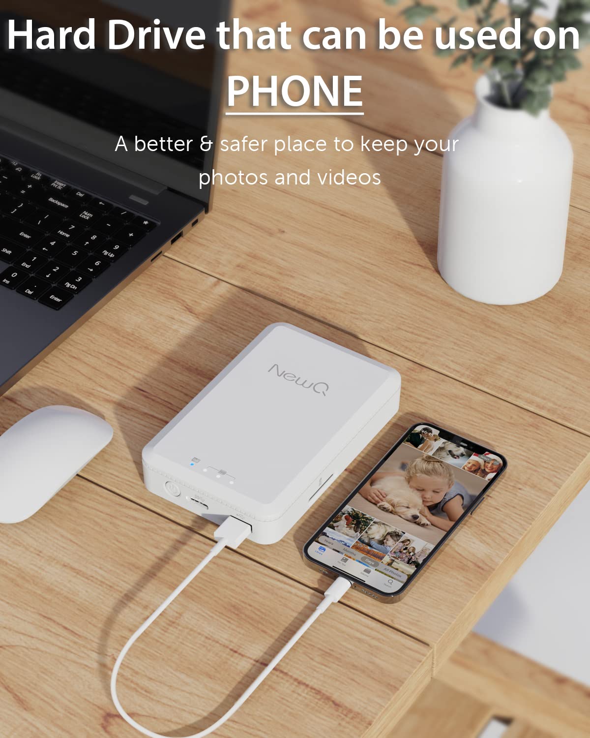 NEWQ 1TB External Hard Drive for iPhone, iPad, MacBook - USB 3.0, 2.0, 2.0 3.0 - Compatible with iOS & Android, Store Photos, Videos, Music, Documents