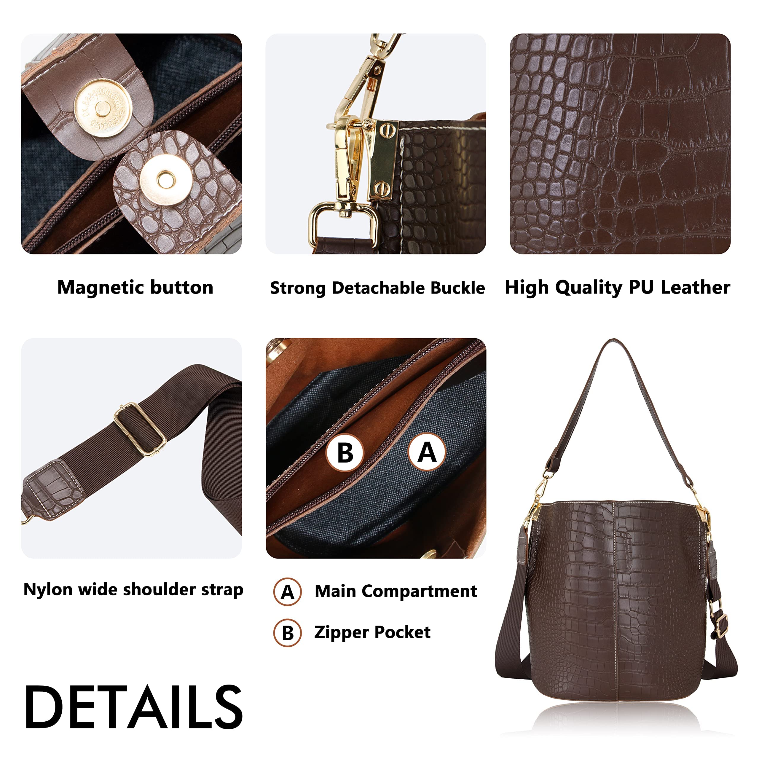 Hirooms Women retro design shoulder bag crocodile leather large capacity bucket handbag (Brown)
