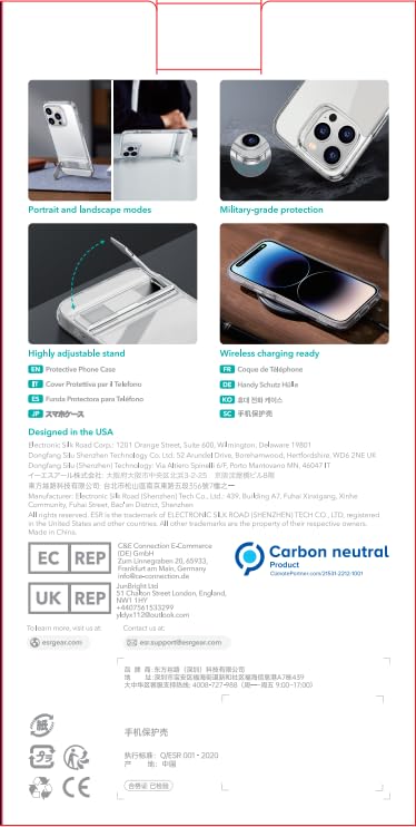 ESR for iPhone 14 Pro Case, 3 Stand Modes, Military-Grade Drop Protection, Supports Wireless Charging, Slim Back Cover with Stand, Phone Case for iPhone 14 Pro, Metal Kickstand Case, Clear