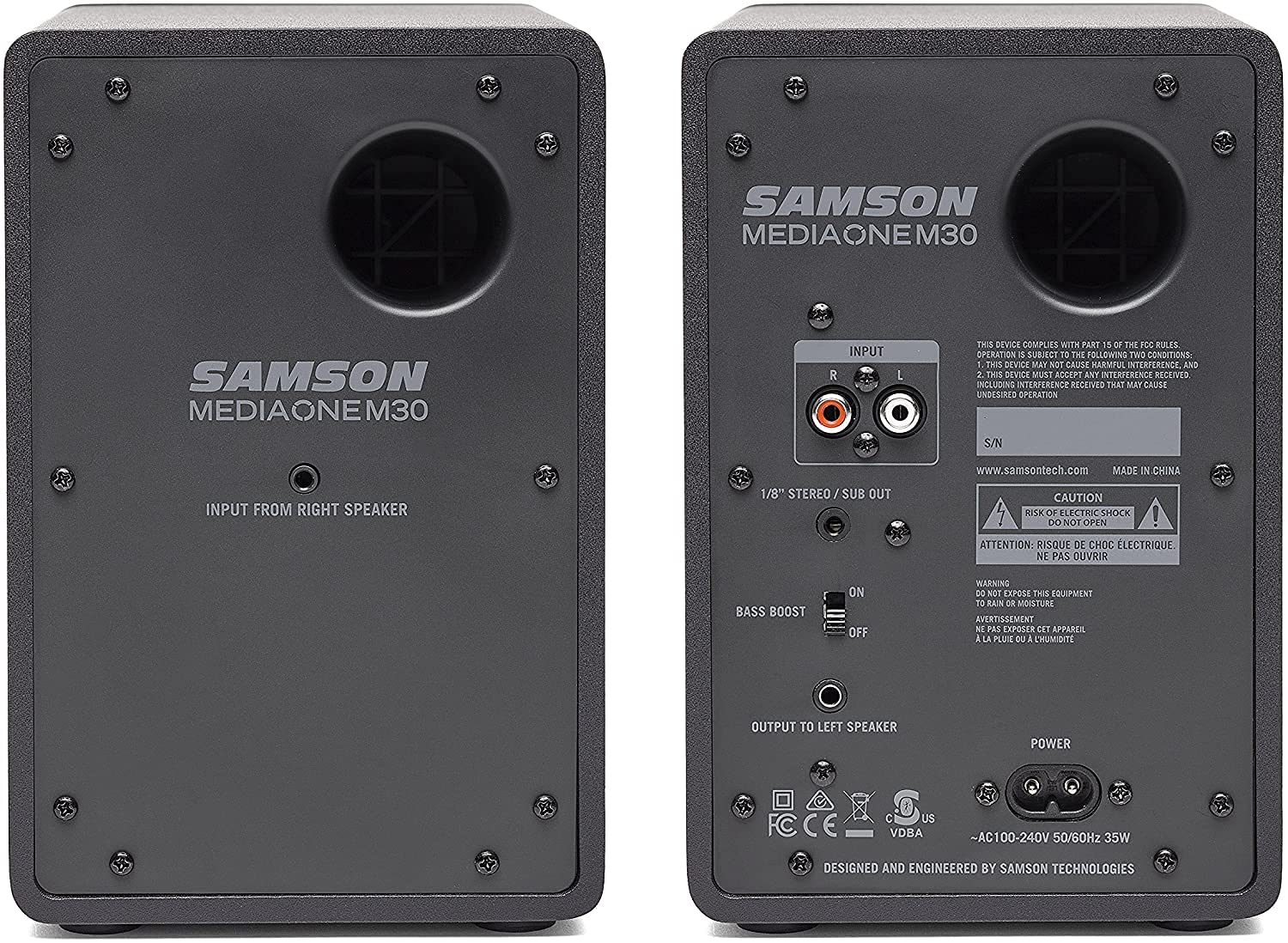 Samson MediaOne M30 3" Powered Studio Monitors with 3.5mm Outputs (Pair) Bundle with Blucoil Acoustic Isolation Pads (2-Pack), 12" Acoustic Wedges (4-Pack), and 5' Audio AUX Cable