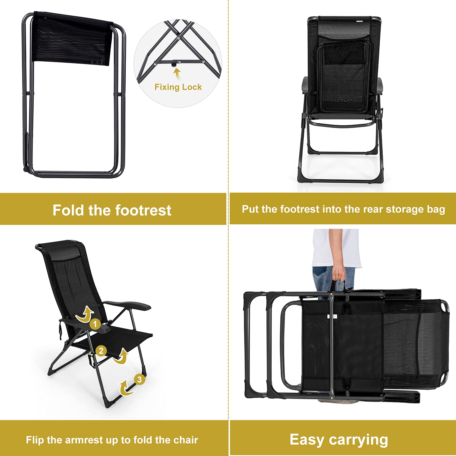 Giantex 4 Pcs Folding Patio Chairs Set 2 Pack Patio Dining Chairs with Footrest Portable Sling Chairs Camping Lawn Chairs with Adjustable Back Outdoor Bistro Chairs for Porch Garden Yard Pool