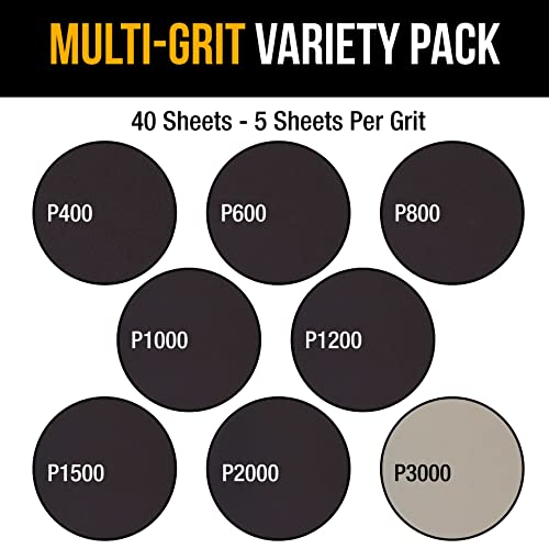 Dura-Gold Premium 5" 8-Hole Wet or Dry Sanding Disc Variety Pack Box - 400, 600, 800, 1000, 1200, 1500, 2000 & 3000 Grit (5 Discs Each, 40 Total) - Sandpaper Discs, Hook & Loop Backing, Color Sanding