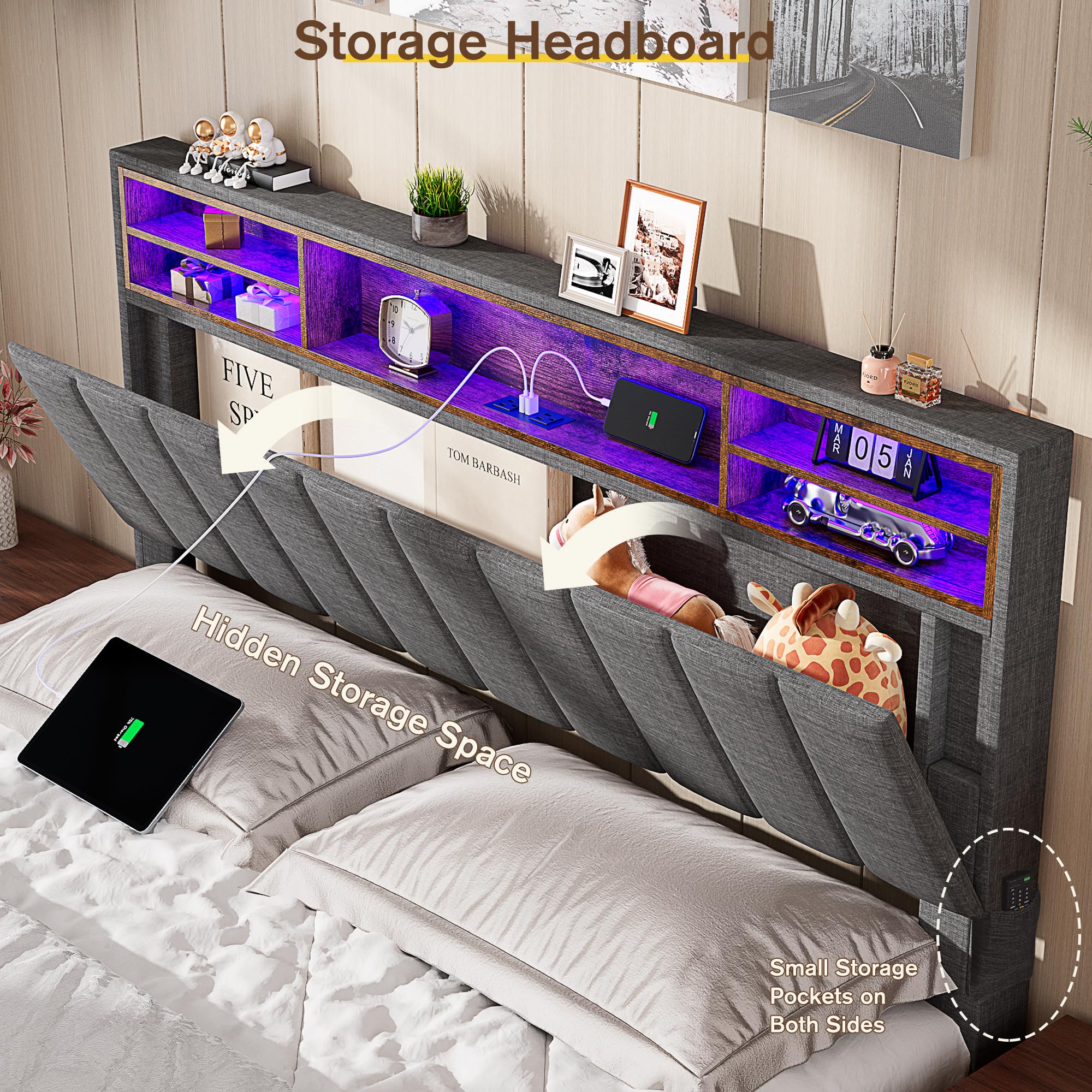 Full Size Bed Frame with Tall Bookcase Headboard and Charging Station, LED Bed Frame with 4 Storage Drawers, Upholstered Platform Bed with Heavy Duty Support Legs, No Box Spring Needed, Dark Grey