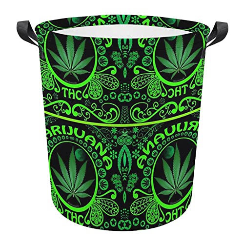 Green Leaf Weed Large Laundry Basket Hamper Bag Washing with Handles for College Dorm Portable