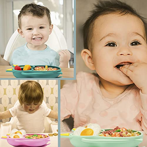 KAVONOI Baby Toddler Silicone Suction Plate with Spoon&Fork And Adjustable Bib Set,Silicone Baby Feeding Utensils Set,Baby Toddler Led Weaning Supplies Set-Pink Owl Set