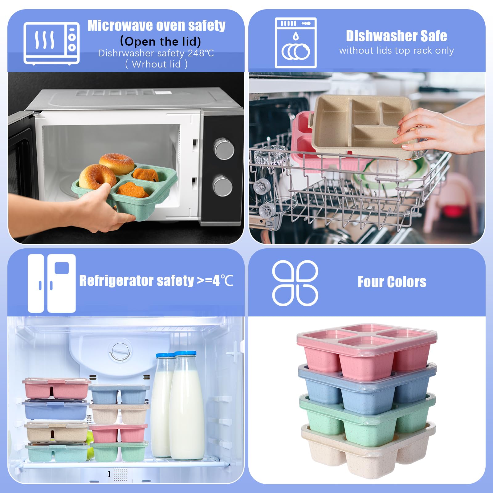 Bokon 8 Pcs Bento Lunch Box for Kids Snack Containers with 4 Compartments Bento Box Adult Lunch Box Microwave & Dishwasher Safe with Transparent Lids for School, Dining Out, Work, Picnic, 4 Colors