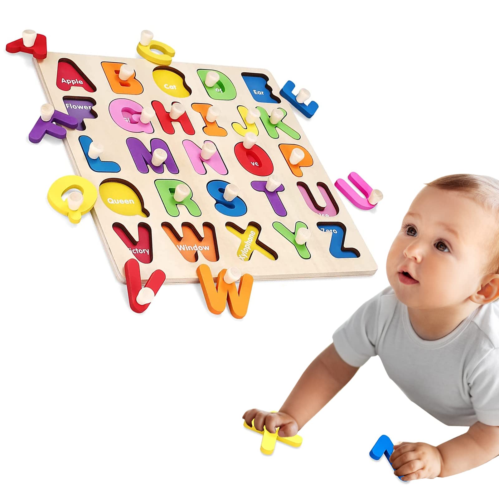 CCMTangHong Wooden Alphabet Puzzle ABC ,Letter Puzzle with Button,Montessori Matching Game Jigsaw Toy,Educational Early Learning Toy Gift for Preschool Year Old Kids