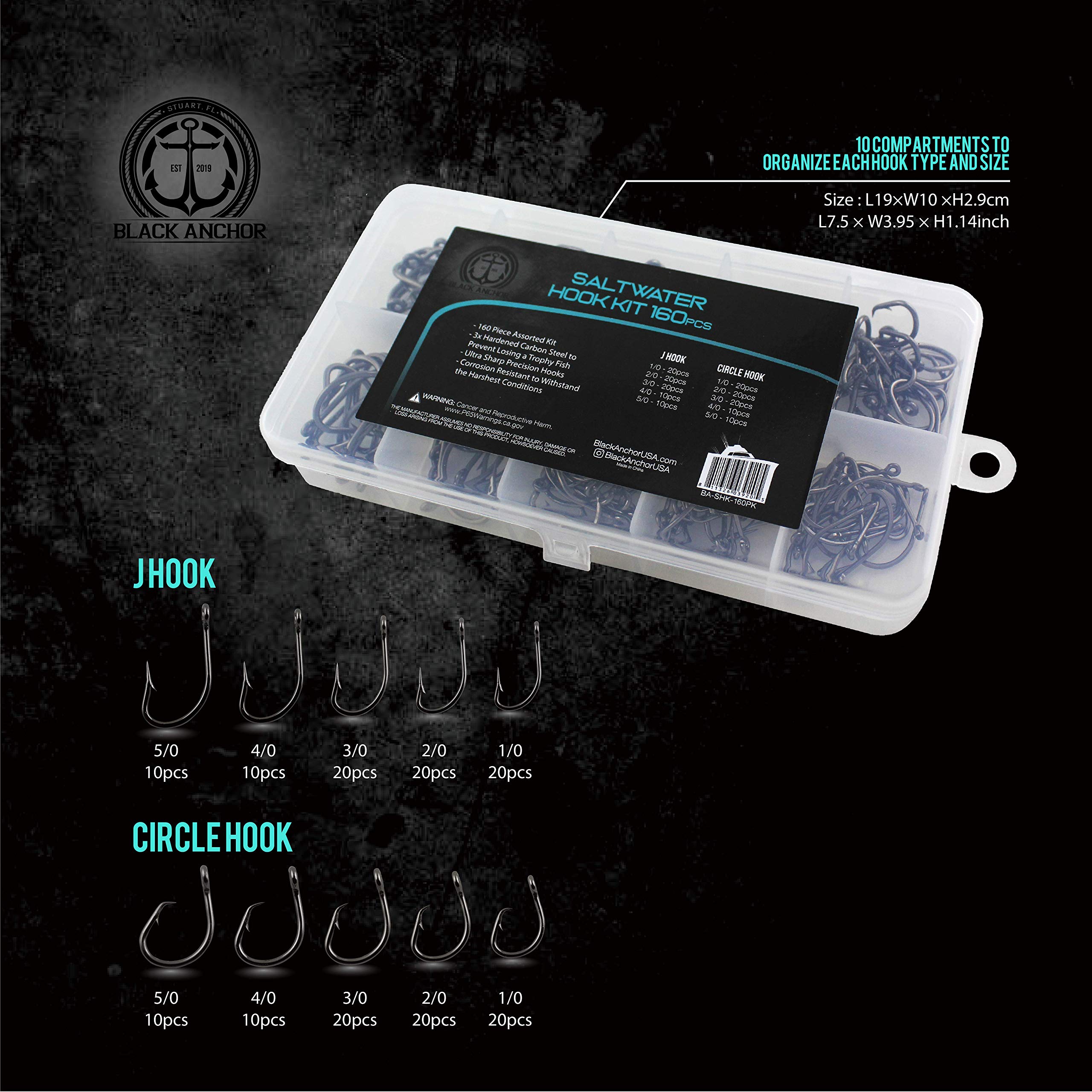 Black Anchor Circle and J Hooks 160pcs/box Saltwater Fishing Gear 3X strong Hooks Size 1/0 2/0 3/0 4/0 5/0