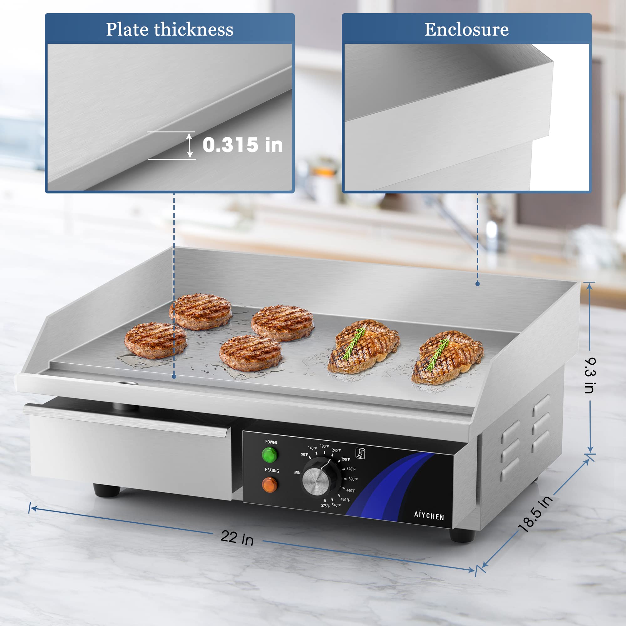 Commercial Griddle 22" Commercial Electric Griddle 220V 3000W Non-Stick Countertop Flat Top Griddle Stainless Steel Grill with Shovels Adjustable Temperature Control 90°F-575°F (22'')