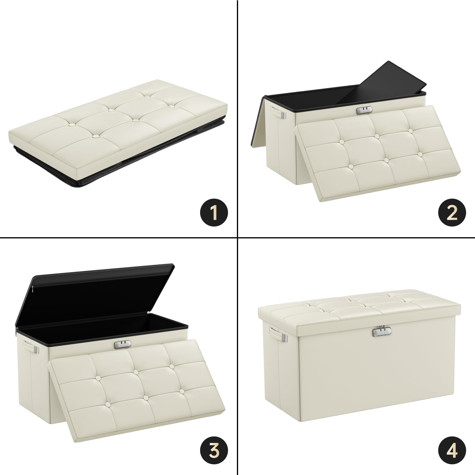 ENGPOW Storage Ottoman with Lock,Fireproof & Waterproof Folding Ottoman Storage Stool Storage Chest with Handle & Zippers Safe for Living Room, Bedroom, Home Office,Dorm,17"x 13"x 13",Beige
