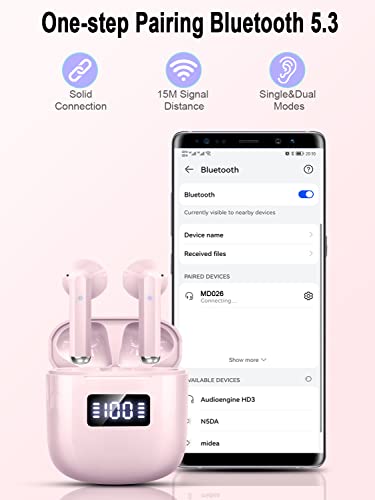 GCBIG Wireless Earbud, Bluetooth 5.3 Headphones with 4 ENC Mics, Wireless Headphones in Ear with 25H Playtime Noise Cancelling, IP7 Waterproof Bluetooth Earphones HiFi for Android iOS, USB C, Pink