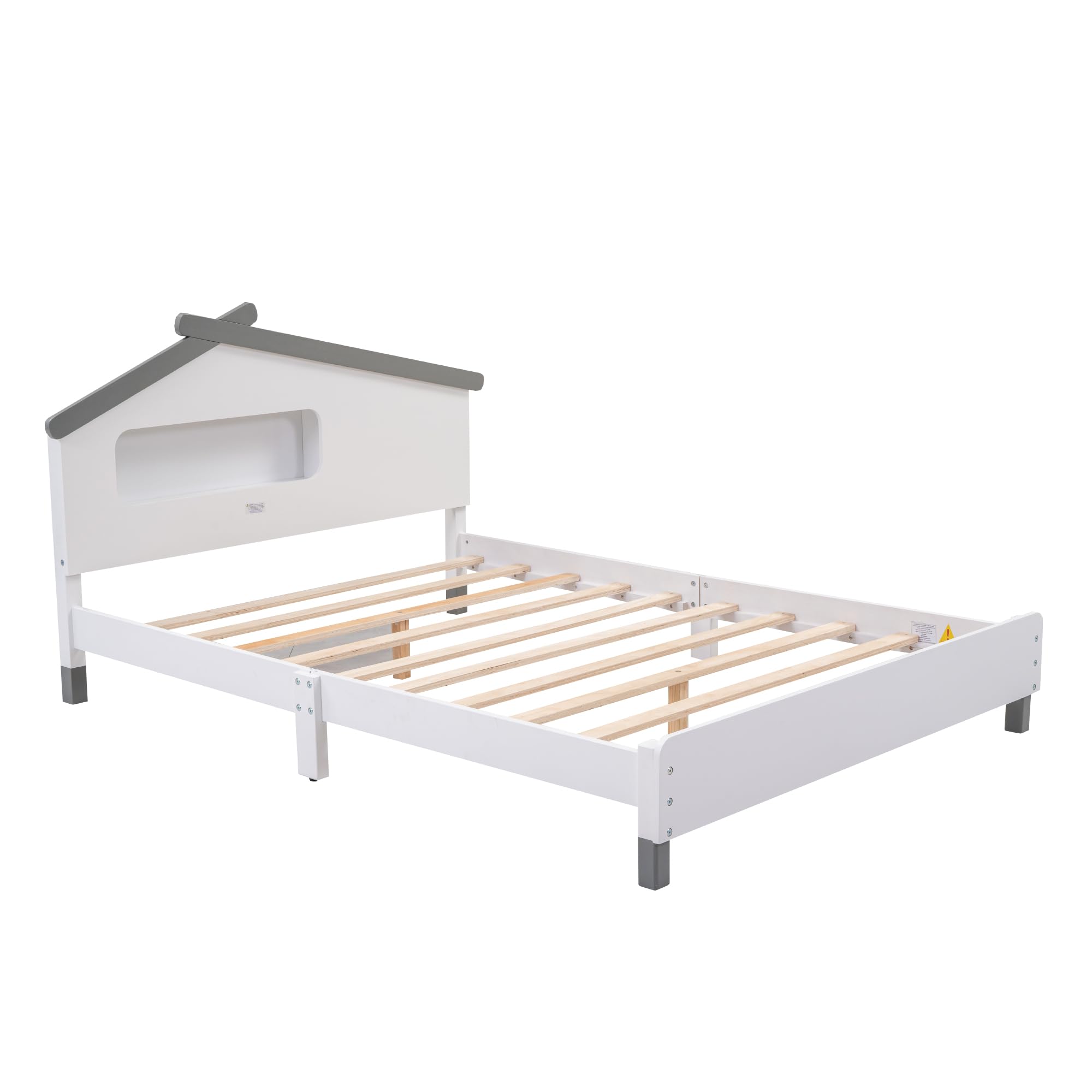 Full Size House Platform Bed with LED Lights, Wood Kids Floor Bed Frame with Headboard and Slats Support, No Box Spring Needed, White with Pink