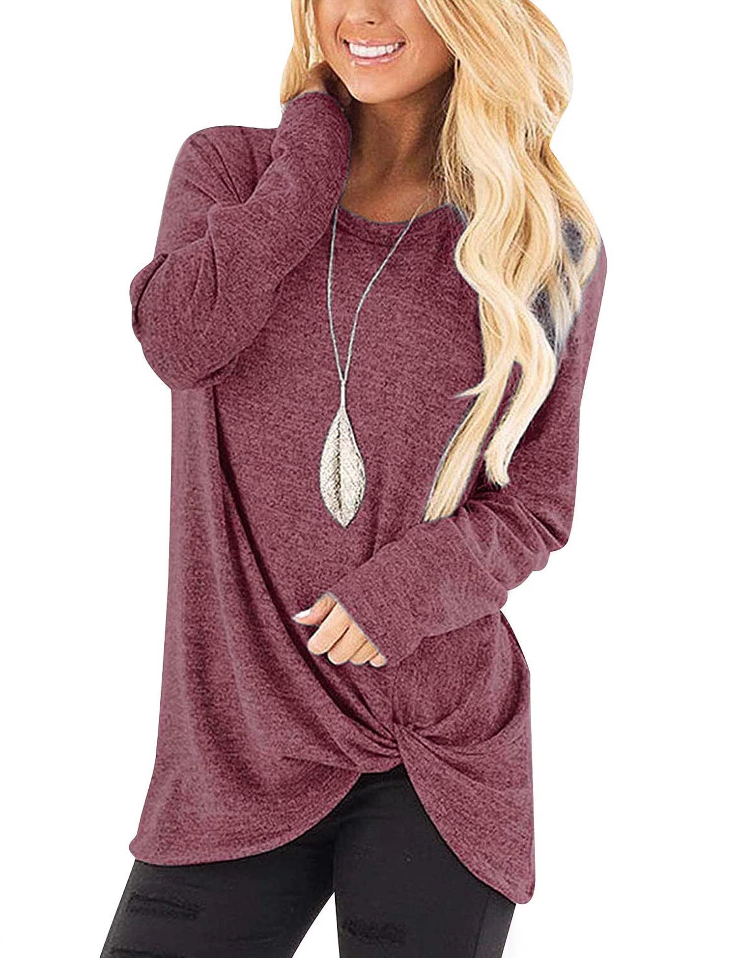 Bloggerlove Shirts For Women Casual Solid Tunic Tops To Wear With Leggings Twist Knot Blouse Long Sleeve Fall Clothes Red M