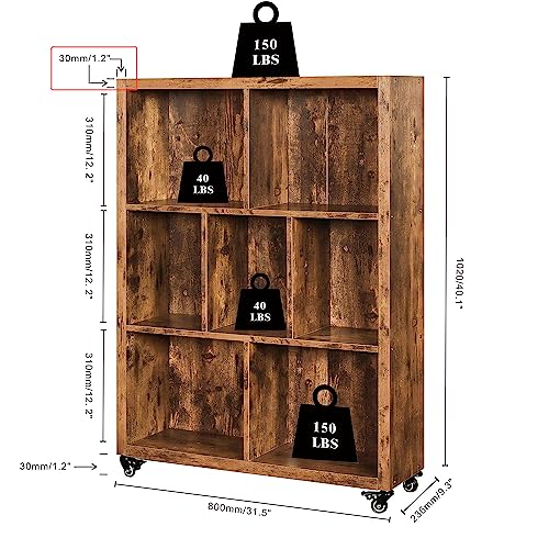 FUSUNBAO 7-Cube Style Bookshelf with Wheels Frame Industrial Style Book Storage Organizer Bookcase Floor Standing Fixed Shelves,Display Shelves Cabinet for Living Room/Bedroom/Office