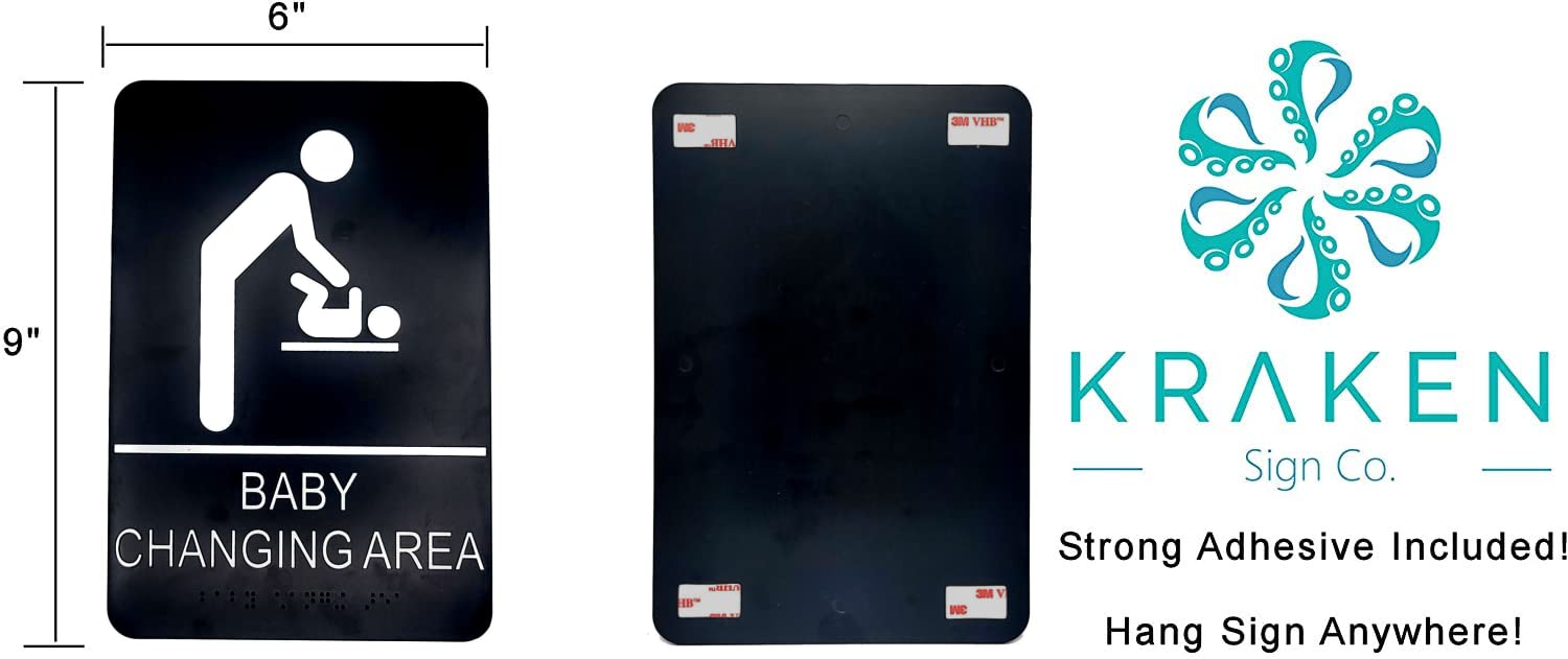 Kraken Sign Co. - Baby Changing Area Sign - ADA Compatible - Braille Sign - White Lettering and Graphic on Black Background - 9" x 6" - Self Adhesive Included