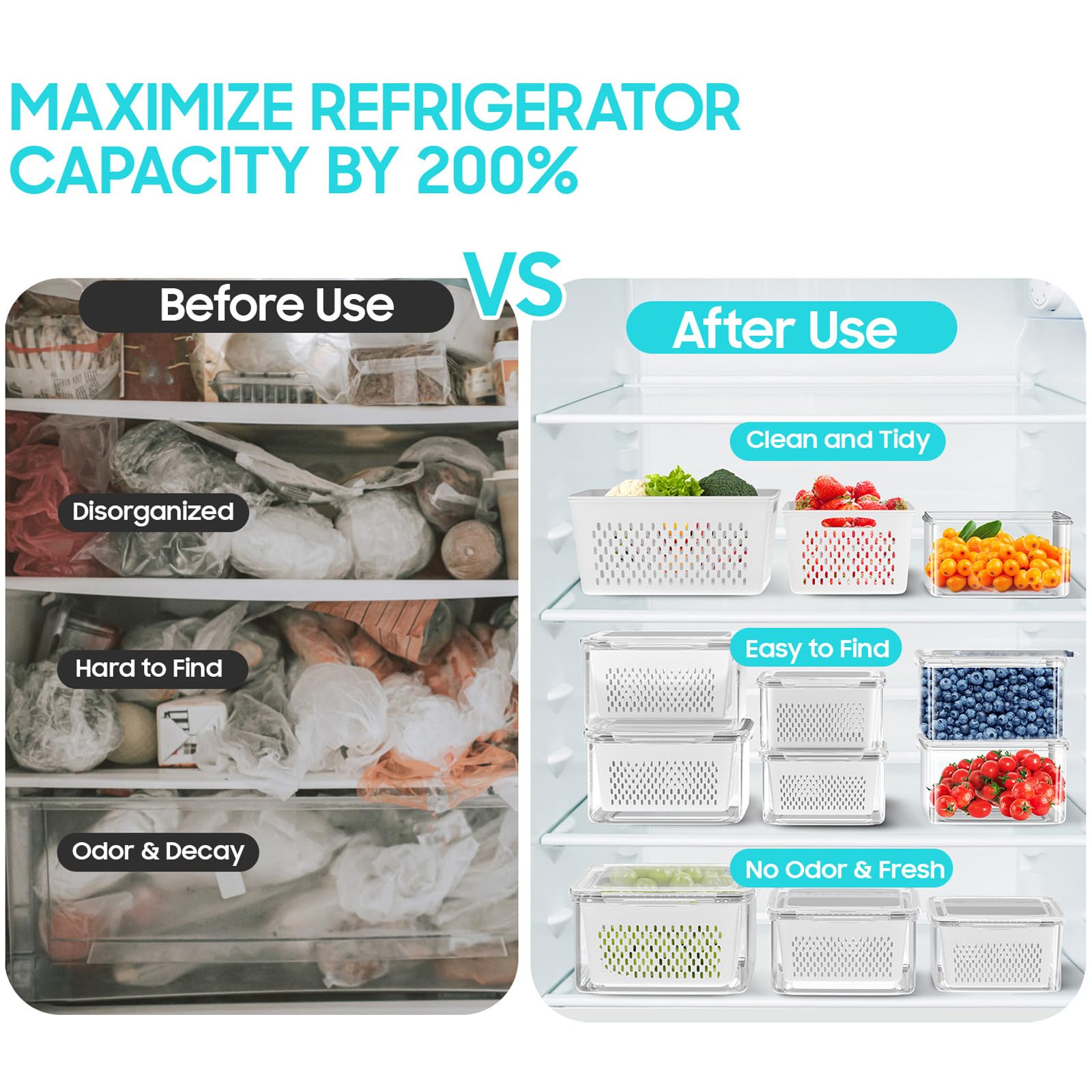 Cthglong 5 PCS Fruit Containers for Fridge, Food Storage Containers with Removable Colander, Dishwasher & Microwave Safe Produce Container, Fridge Organizers Keep Fruit, Berry, Vegetable, Fresh Longer