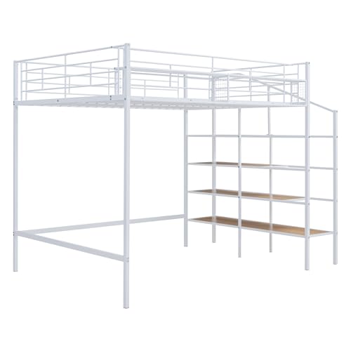 Full Size Loft Bed with Stairs, Metal Loft Bed Frame with Storage Steps, Heavy-Duty High Loft Bed with Grid Shelf for Kids Teens Adults, White