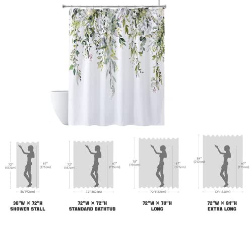 Nuseiis Sage Green Eucalyptus Shower Curtain, Watercolor Plant Leaves Shower Curtain with 12 Hooks, Decorative Botanical Shower Curtain 72 x 72 Inch
