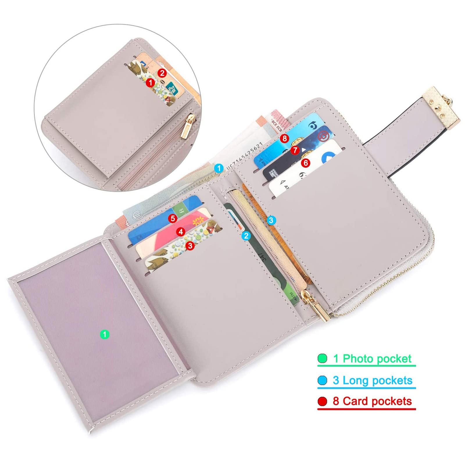 CALIYO Wallets for Women Rfid Blocking Large Capacity Bifold PU Leather Women Wallet Mini Purse with Leaf Pendant (Light grey)