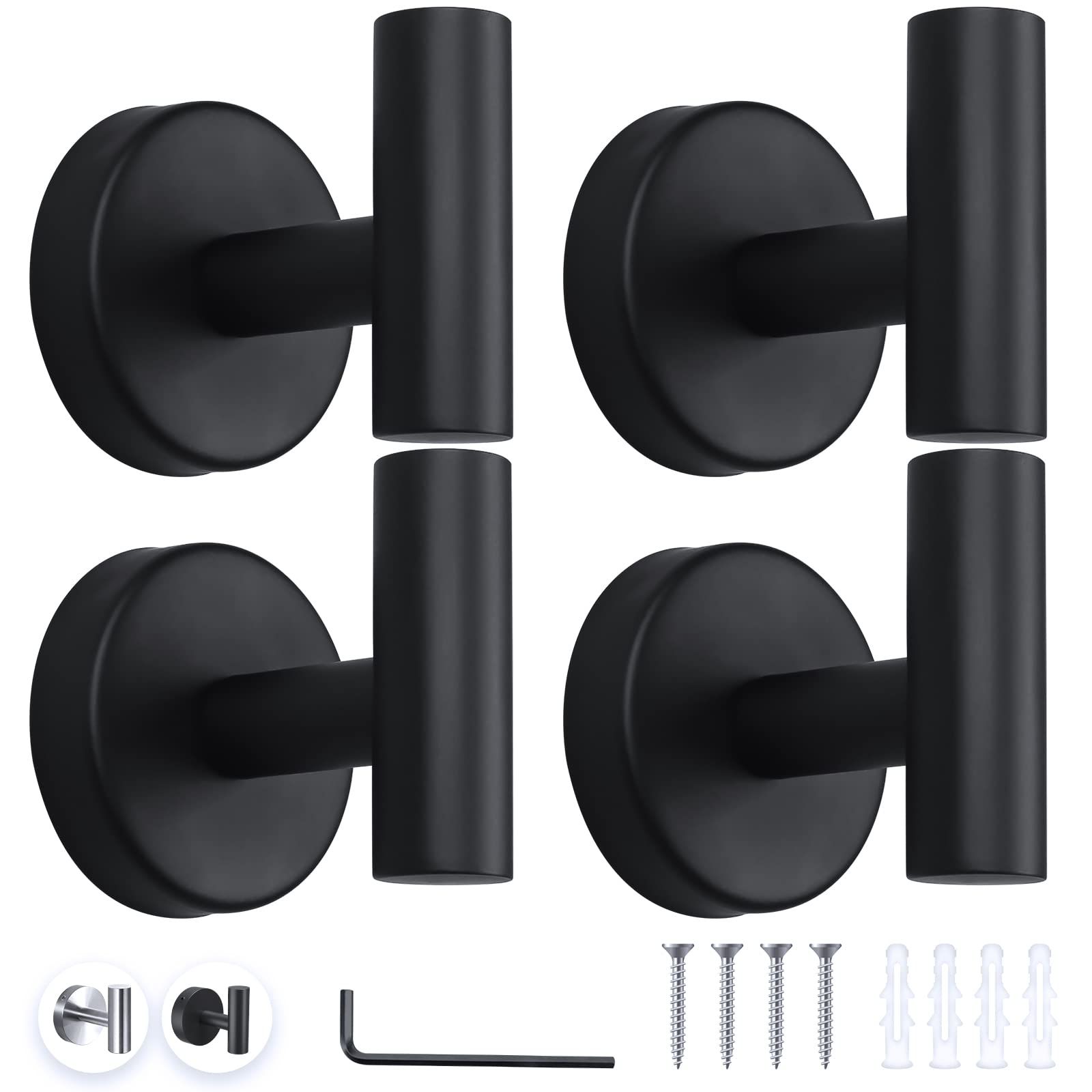 Budding Joy Towel Hooks for Bathrooms, Black Towel Hook Wall Mounted, Durable Stainless Steel Towel Hanger with Sleek Look, Heavy Duty Wall Hook for Hanging Coat Robe, Easy to Clean, 4-Pack