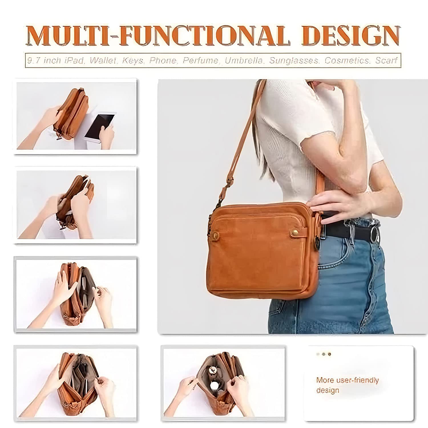 Cyxunand Three-Layer Leather Crossbody Shoulder & Clutches Bag for Women,Messenger Handbag,Multiple Card Slots Bill Positions (Brown)