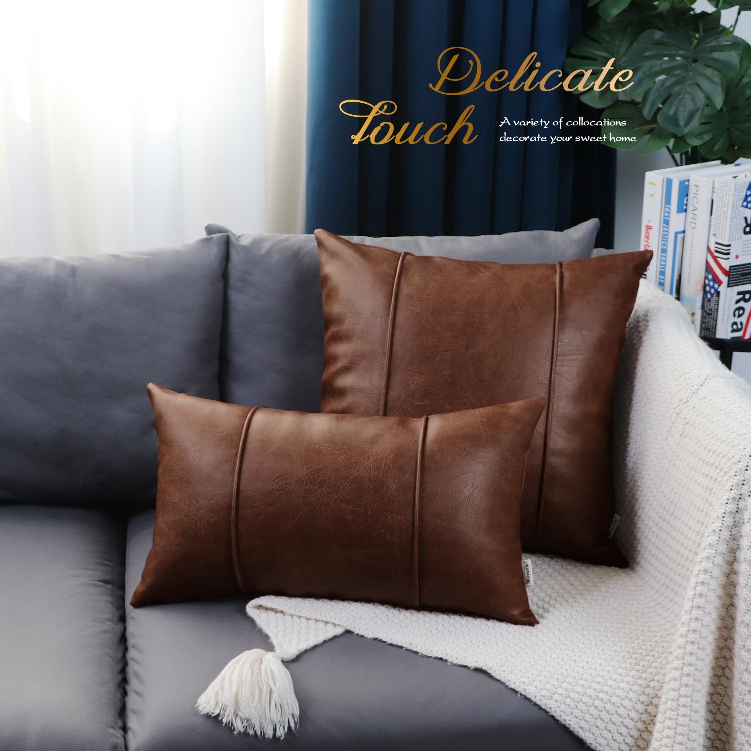 BRAWARM Dark Brown Leather Throw Pillow Covers 22 X 22 Inches - Faux Leather Pillow Cover with Piping, Hand Stitched Leather Throw Pillow for Couch Sofa Bed Living Room Home Decorative