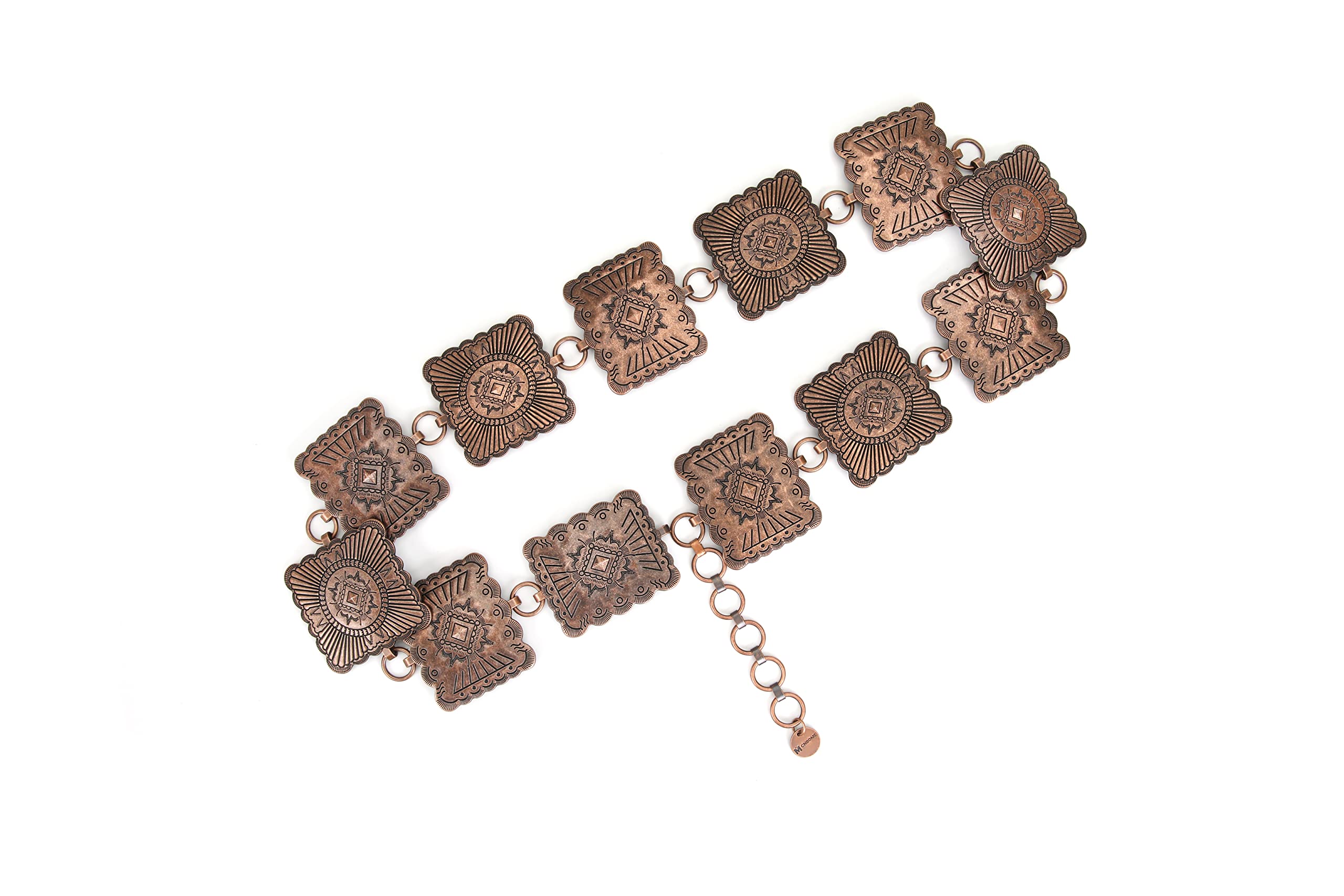 CNBOME Women's Bronze Antique Silver Square Buckle Chain Belt Adjustable Metal Belt (Brone, XLarge)