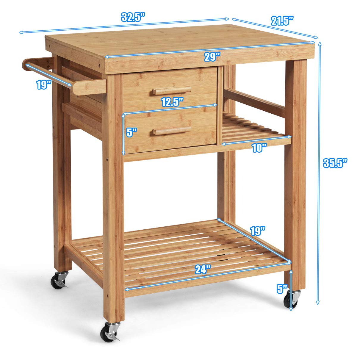 Giantex Kitchen Island, Bamboo Island Cart, Kitchen Trolley Cart on Wheels, Rolling Kitchen Cart, 2 Drawers, Towel Rack, Casters with Lock (Natural)