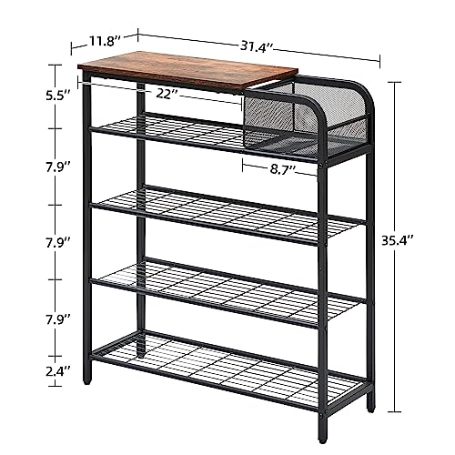 IDEALHOUSE Shoe Rack for Entryway, 5 Tier Shoe Storage Shelves with Mesh Storage Basket, 16-20 Pairs Shoe Organizer with Wooden Top Shelf for Closet, Hallway, Entryway, Rustic Brown