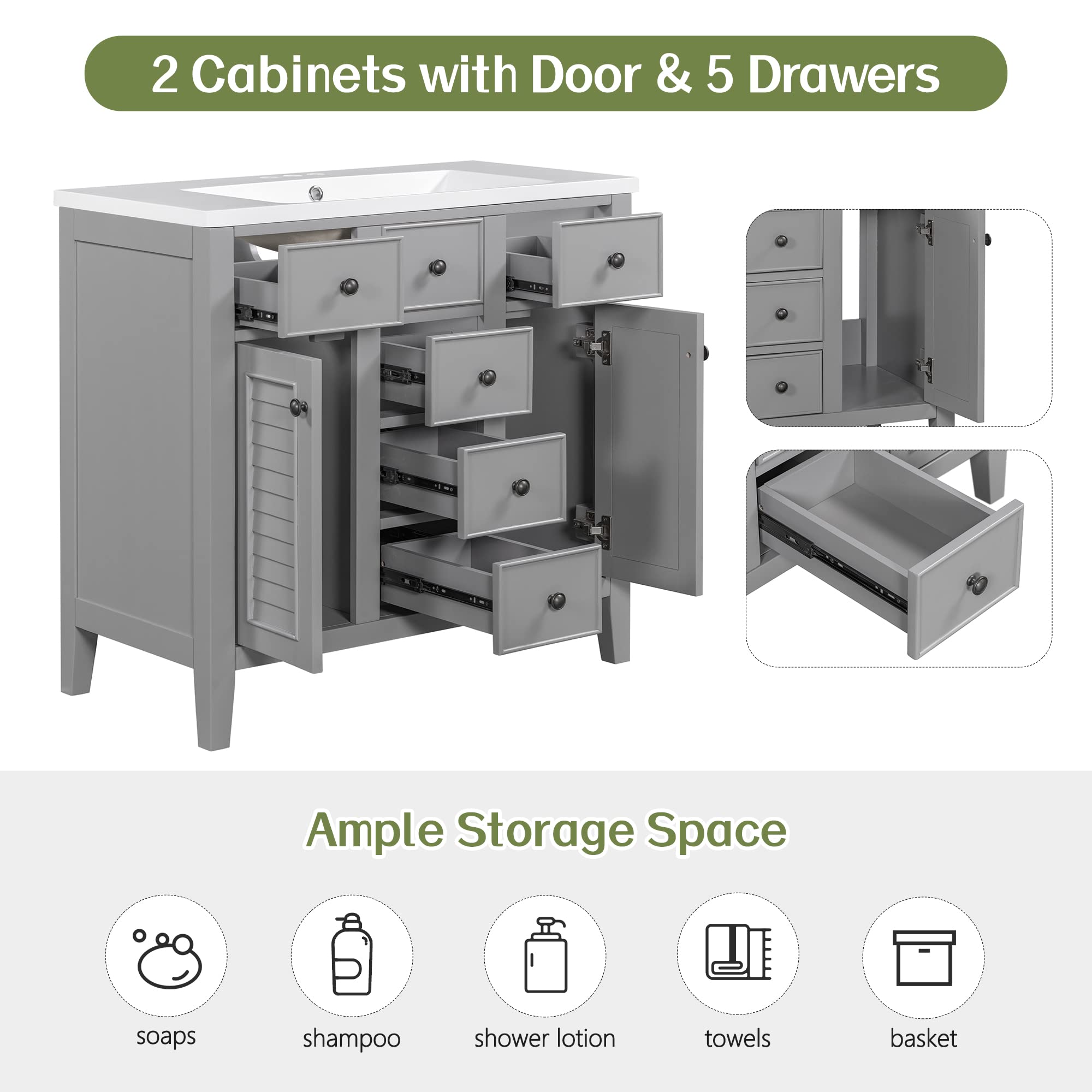 Entcook 36" Bathroom Vanity with Top and Sink, Single Vanity with 2 Cabinets and Five Drawers, Solid Wood Frame, Solid Wood Bathroom Cabinet with Ceramic Sink