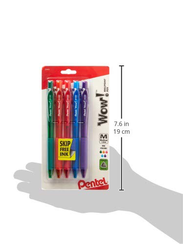 Pentel WOW! Colors Retractable Ballpoint Pens, Medium Line, Assorted Ink, 5 Pack (BK440CRBP5M)