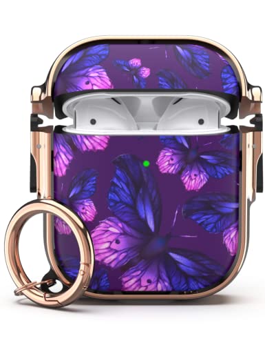 GuarzFun case for AirPods 1st & 2nd Case, Secure Lock Airpod case with Lock lid Keychain Clip, Full Body Hybrid Material Protective Cover for Men Women (Purple Butterfly)