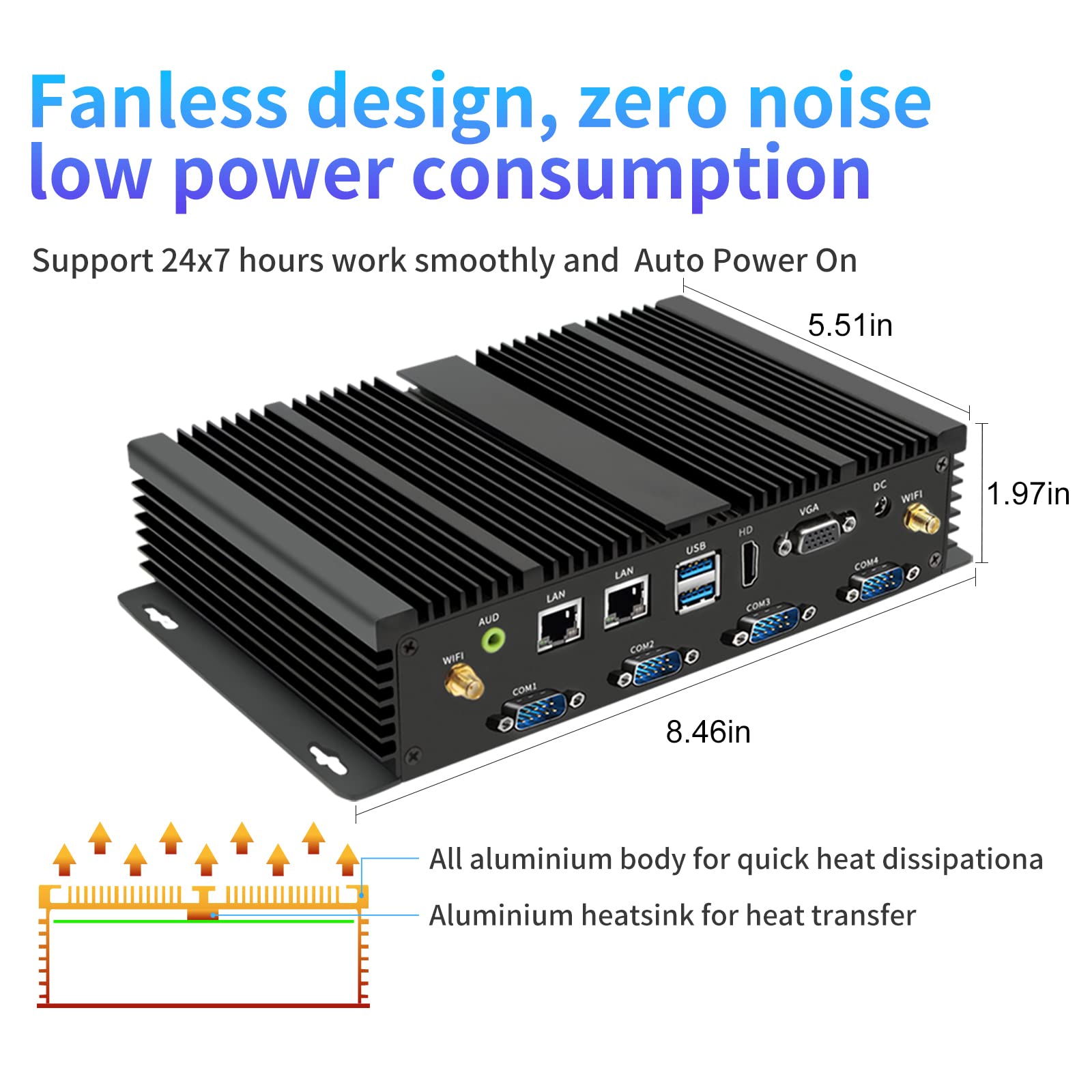Kinupute Industrial Mini PC, Intel Core i7-5500U 2.4-3.0GHz, 16GB RAM, 512GB SSD, Windows 10 Pro, 6xCOM RS232/RS485, 4xUSB 3.0, HDMI/VGA Ports, Auto Power On, Full Metal Case