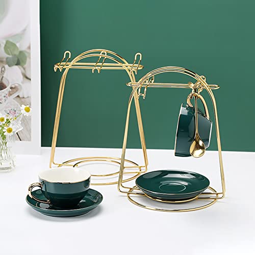 oAutoSjy Coffee Cup Holder, Coffee Mug Holder Stand, Wrought Iron Coffee Cup Rack 4 Hooks, Desktop Gold Water Cup Saucer Drain Hanger Rack, Household Kitchen Storage Drying Rack for Counter Cabinet