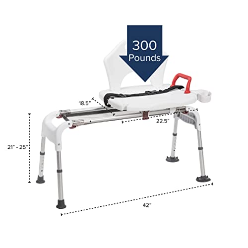 Drive Medical RTL12075 Adjustable Height Sliding Bathtub Transfer Bench Shower Chair with Armrests and Seatbelt, 300 Pound Weight Capacity, White