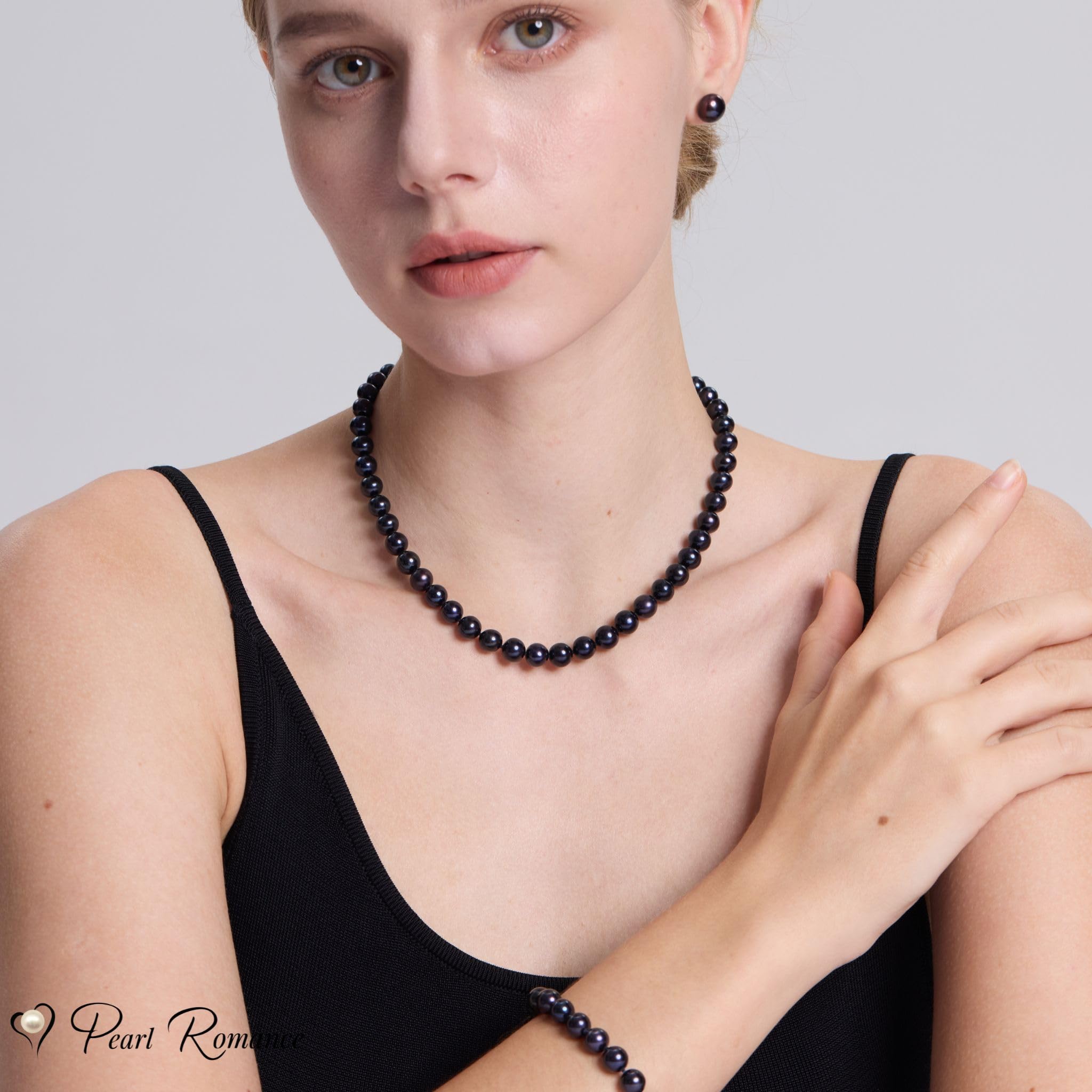 Pearl Romance ROUND Black Strand Pearl Necklace Bracelet Stud Earrings 3pc set 16 Inch Choker Length Genuine Cultured Freshwater Large 9mm 10mm